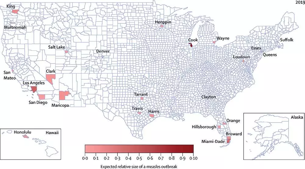 ეს ინტერაქტიული რუკა აჩვენებს აშშ-ს 25 ქვეყანას წითელას დაავადების გავრცელების მაღალი რისკის ქვეშ 1073_1