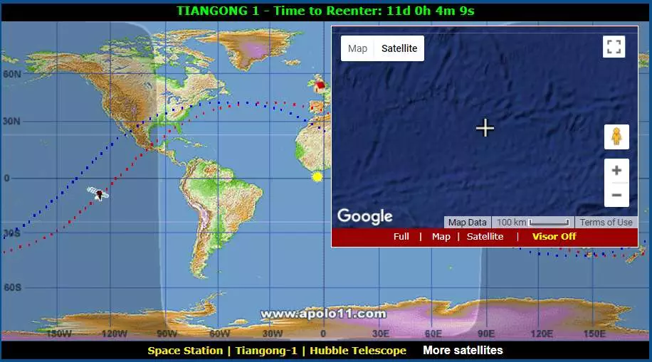 Reaaliaikaisen kartan avulla voit seurata hallitsematonta Kiinan avaruusasemaa sen matkalla kohti maata 8021_1